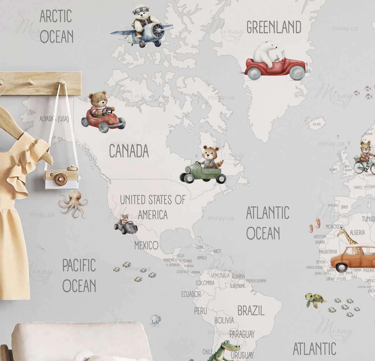 World map with animals in cars% photowallpaper to buy to order, prices ...